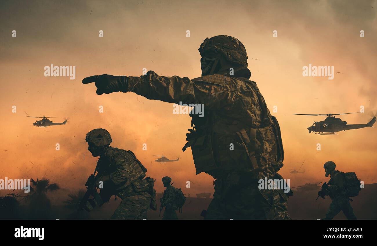 Military forces & helicopters between smoke and dust in battlefield ...
