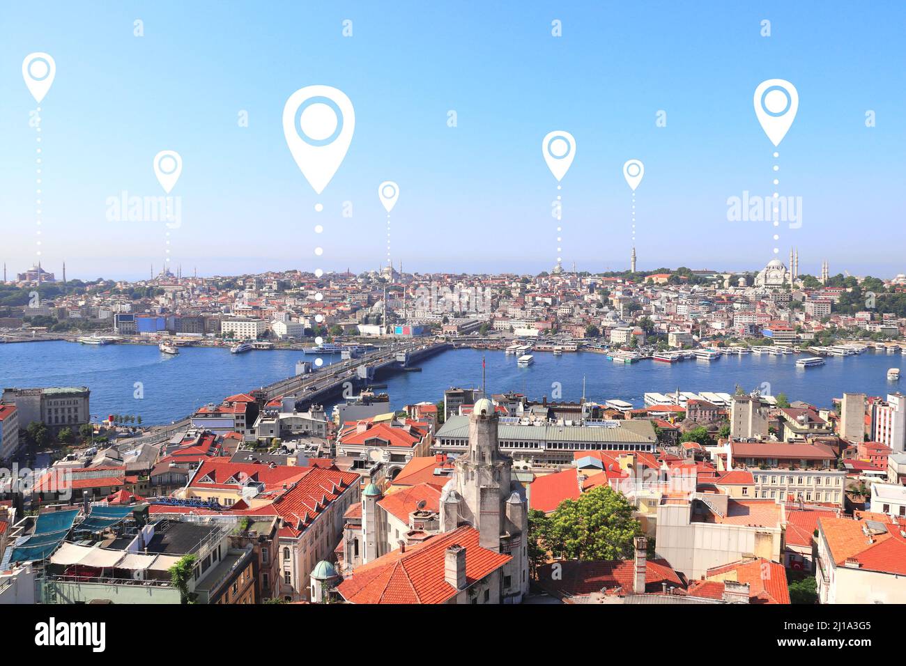 Network connection concept. Aerial view on Istanbul with location pin ...