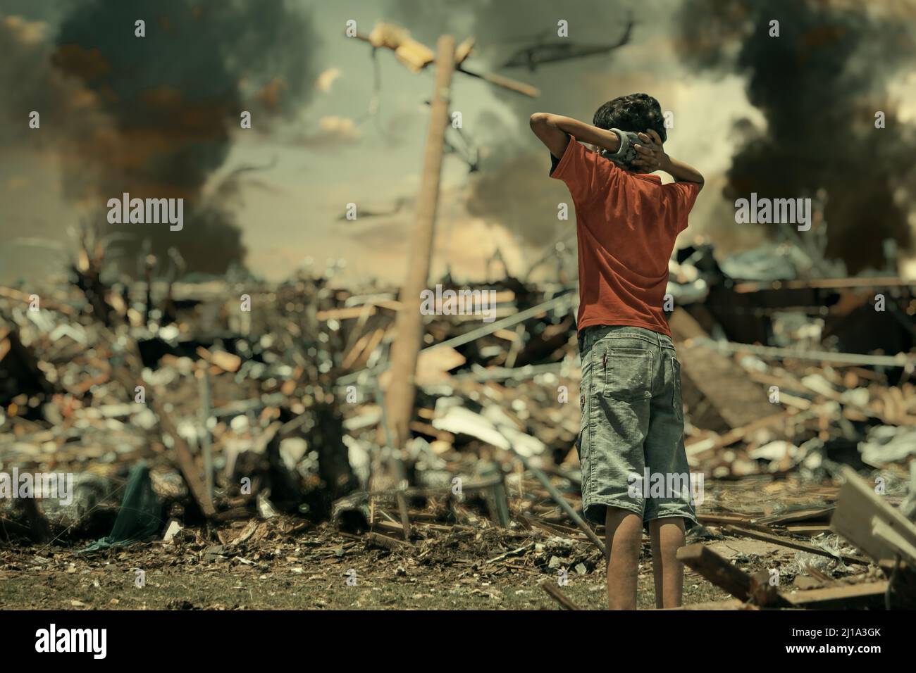 Homeless child crying for his family. His family died in the war Stock ...