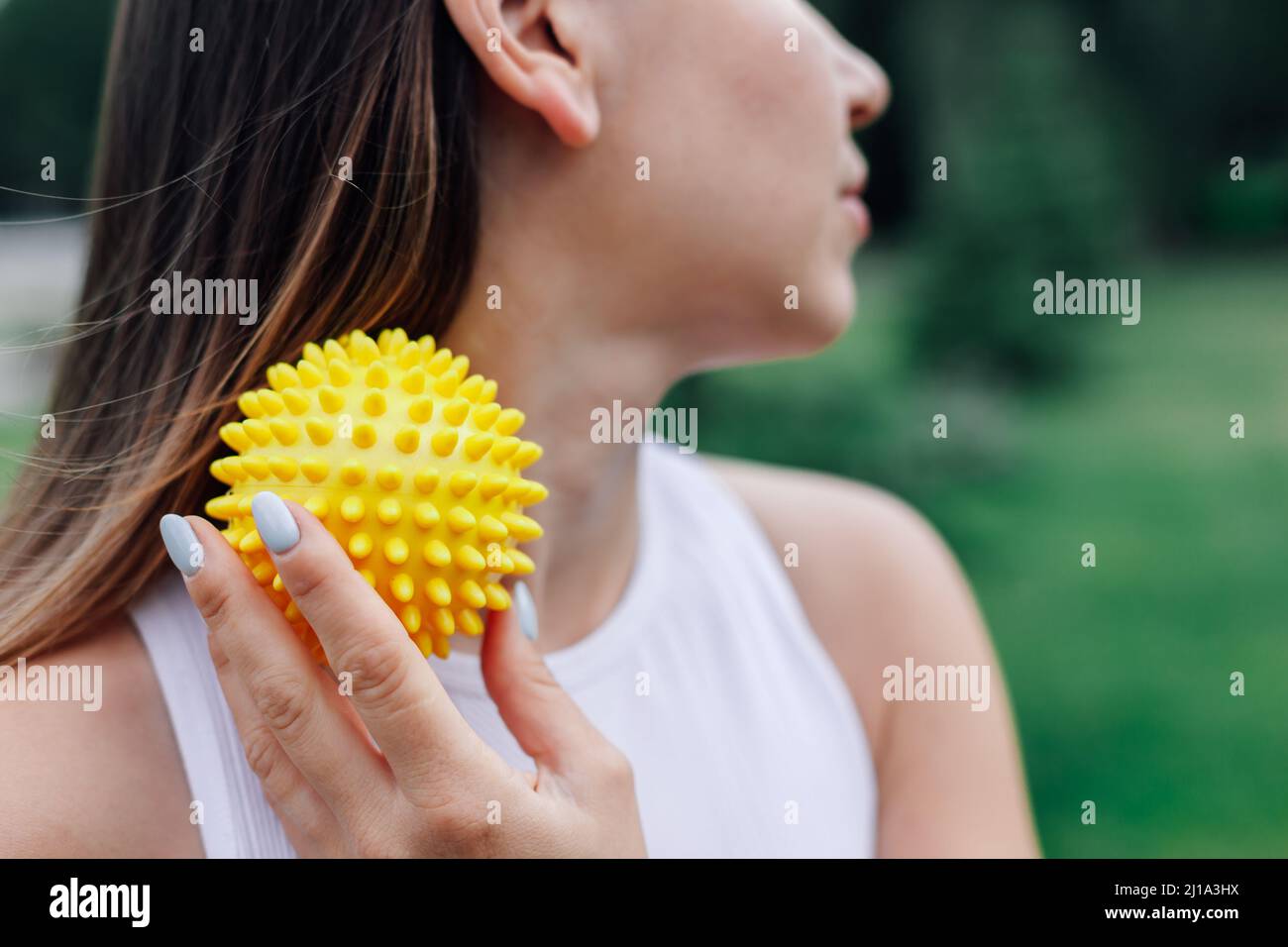 close - up portrait in profile of young woman face blured with spiky ...