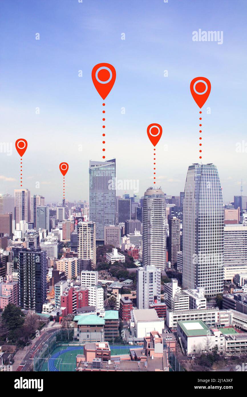 Network connection concept. Aerial view on Tokyo with red location pin ...