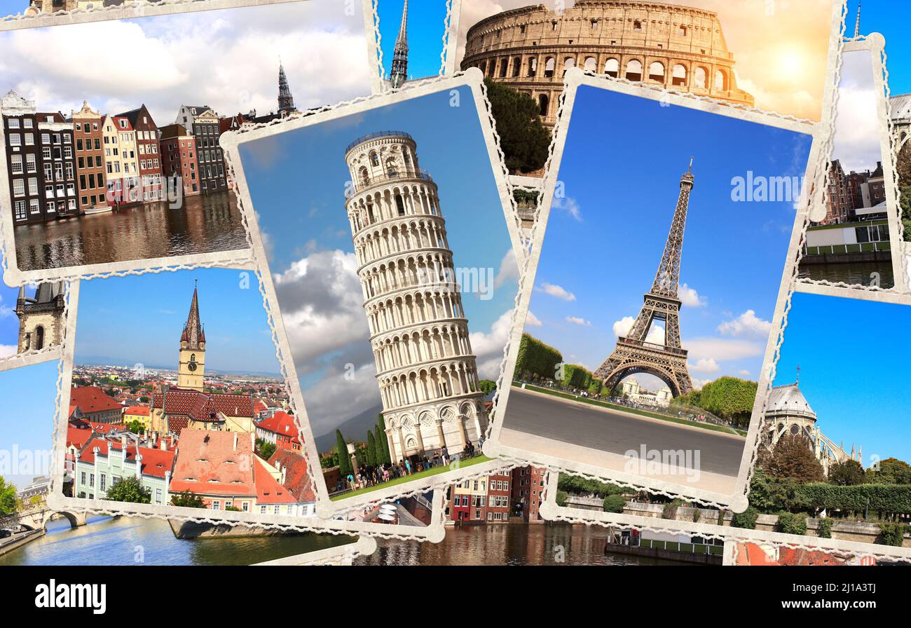 Vintage travel background with retro photos of european landmarks ...