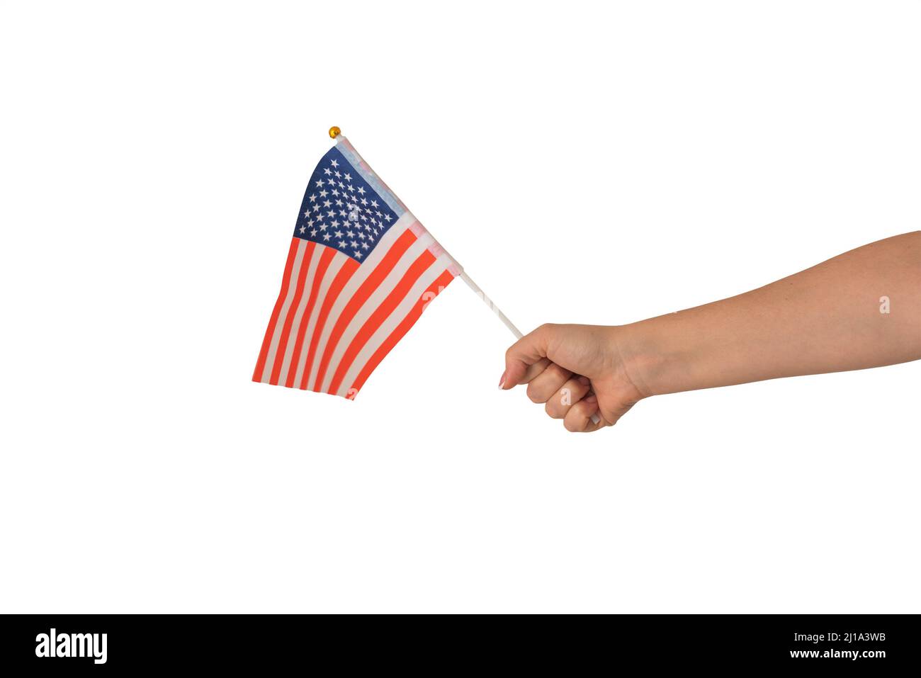 Female hand holding American flag, isolated on white background Stock ...