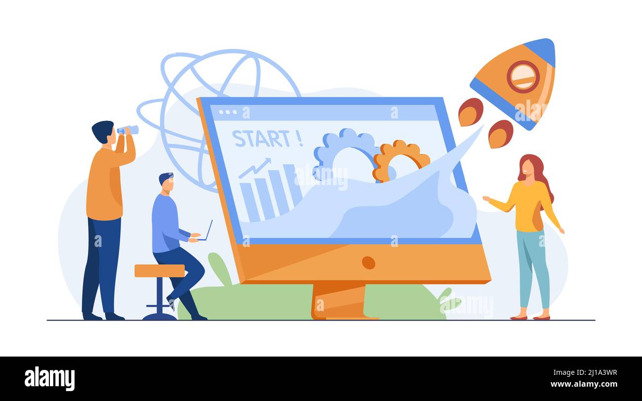 Team starting project. Workgroup working on startup, launching rocket ...