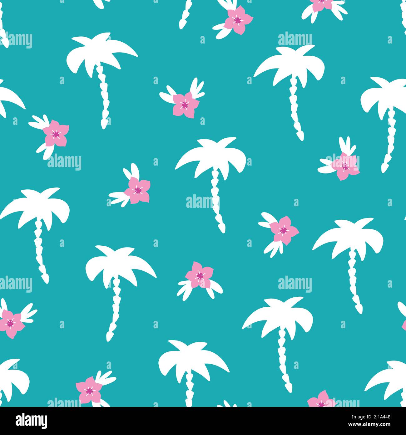 Palm trees Hibiscus flowers seamless vector background. White palm tree ...