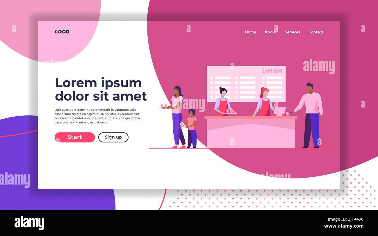 Fast food restaurant counter. Checkout, cashiers, menu, customers with ...