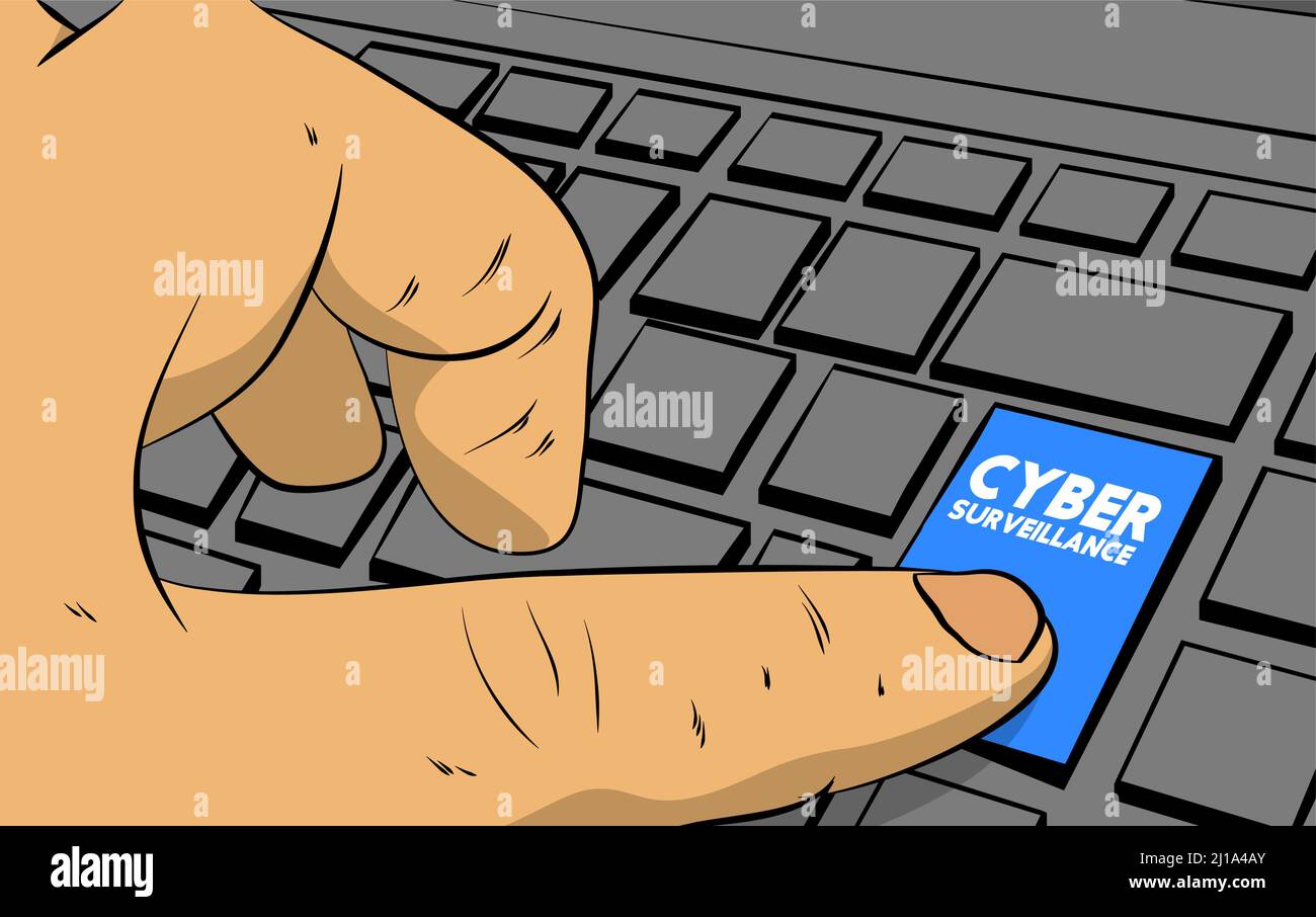 Cyber Surveillance word on computer keyboard. Man push keypad on laptop ...