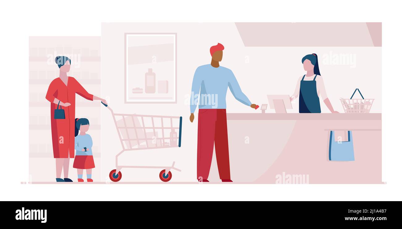 Queue at checkout in supermarket. Customers, cashier, check register ...