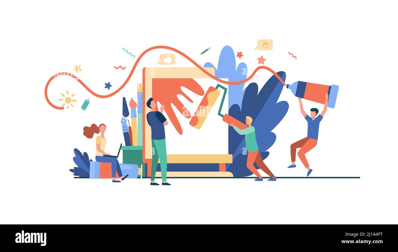 Art workshop in studio. Cartoon artists creating artworks with rollers ...