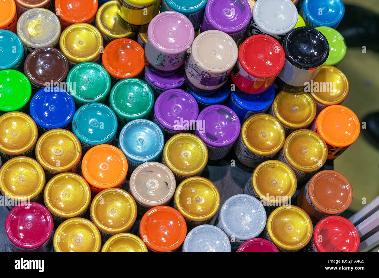 Cans with colorful acrylic paints. Color palette of paints Stock Photo ...