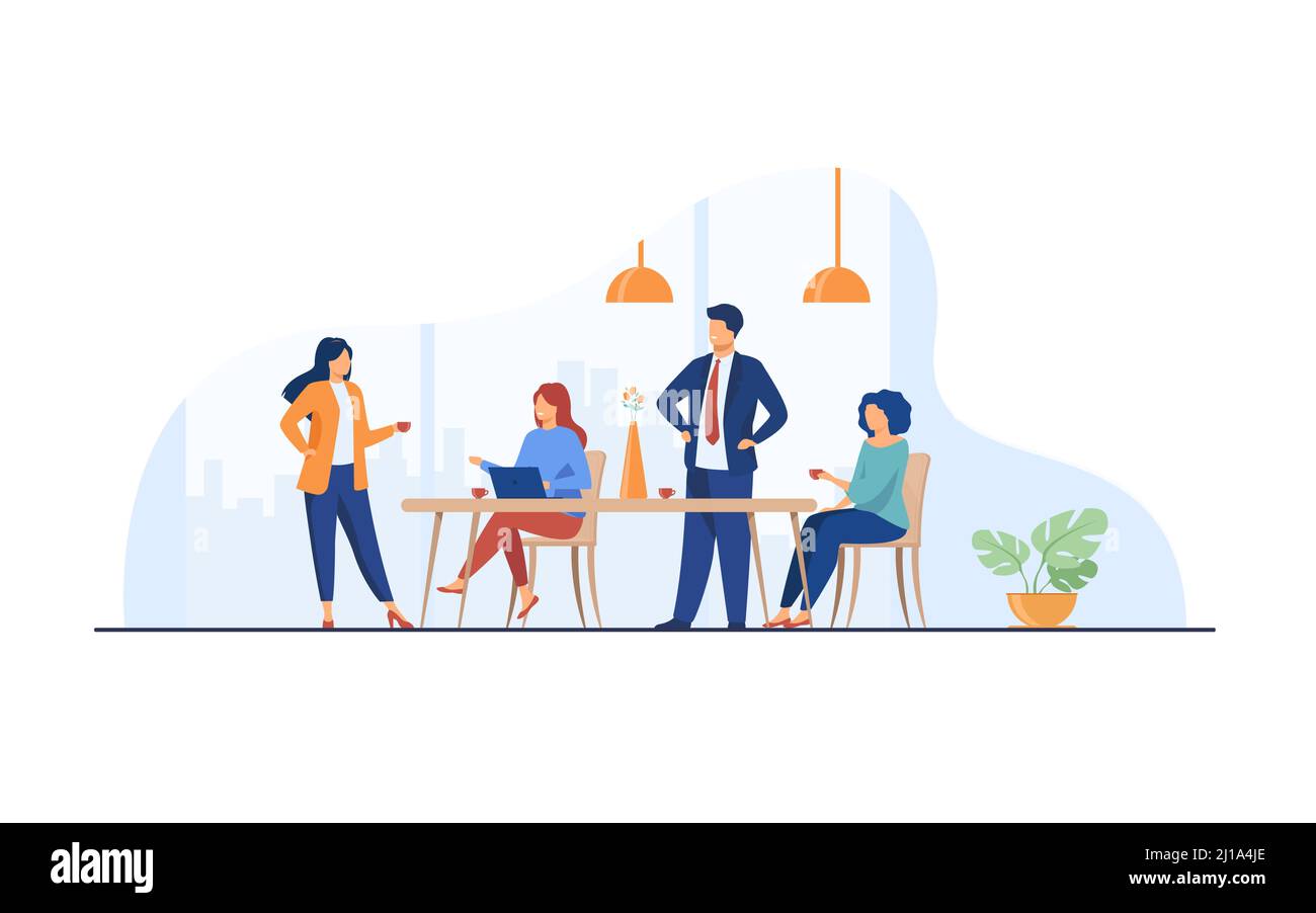 Employees meeting in office kitchen and drinking coffee. Team of ...