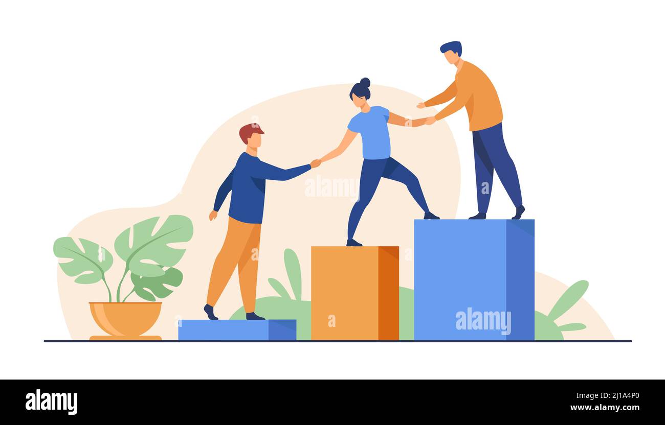 Employees giving hands and helping colleagues to walk upstairs. Team ...