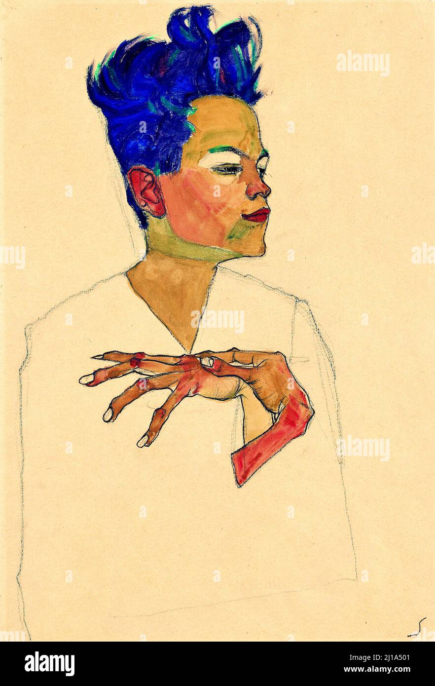 Egon Schiele - Self Portrait with Hands on Chest - The artist with ...