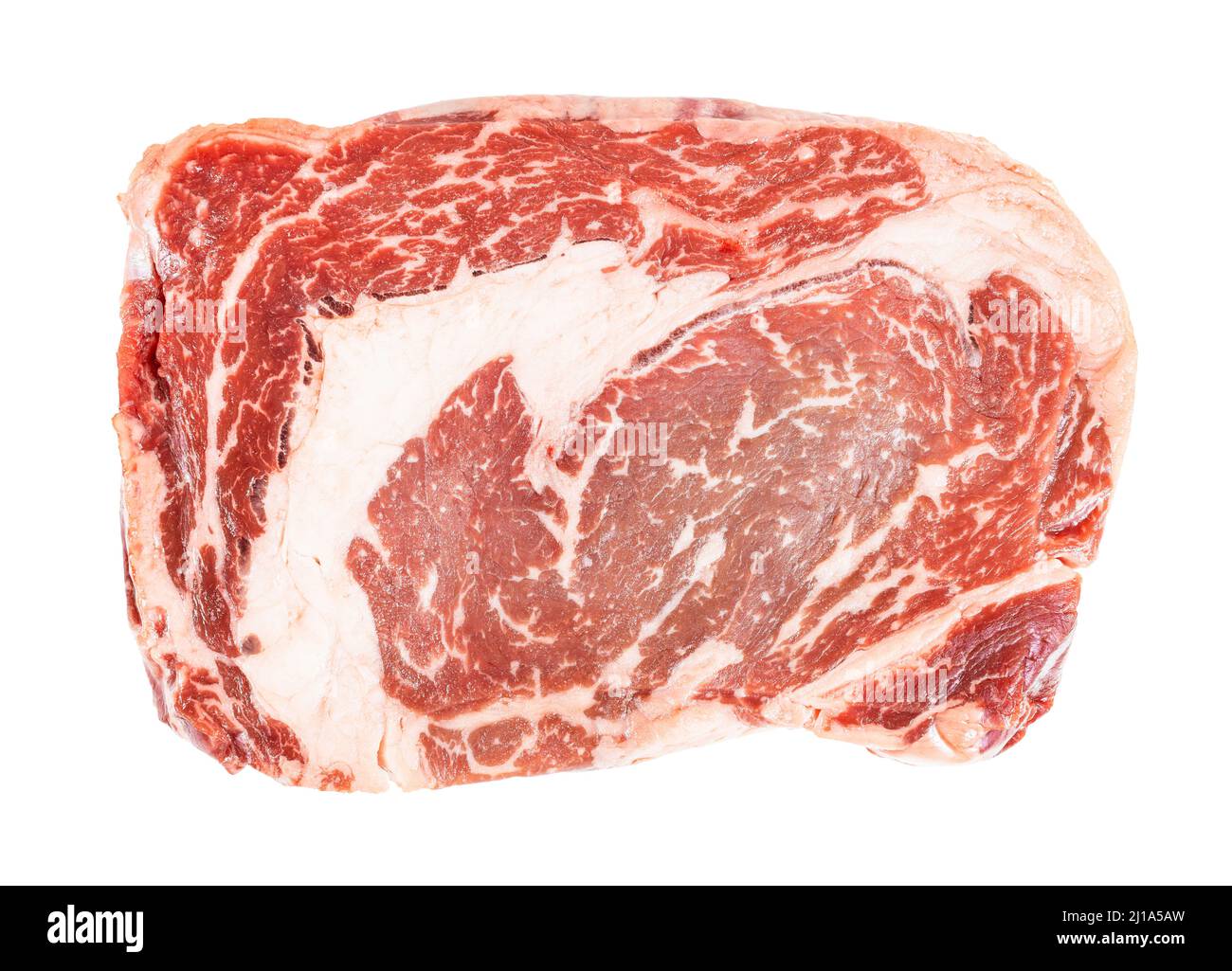 top view of piece of raw ribeye steak from marble beef isolated on ...