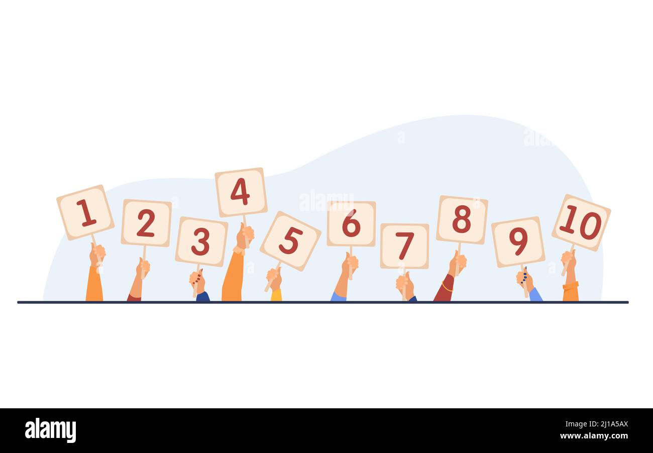 Jury giving evaluation and showing scorecards. Set of human hands ...