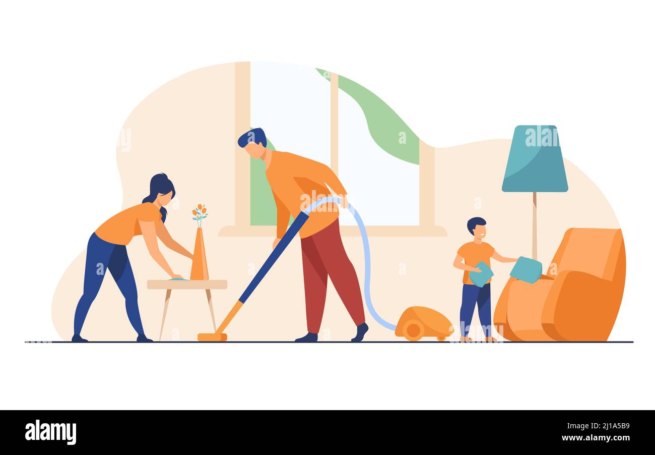 Happy family housekeeping together flat vector illustration. Daughter ...
