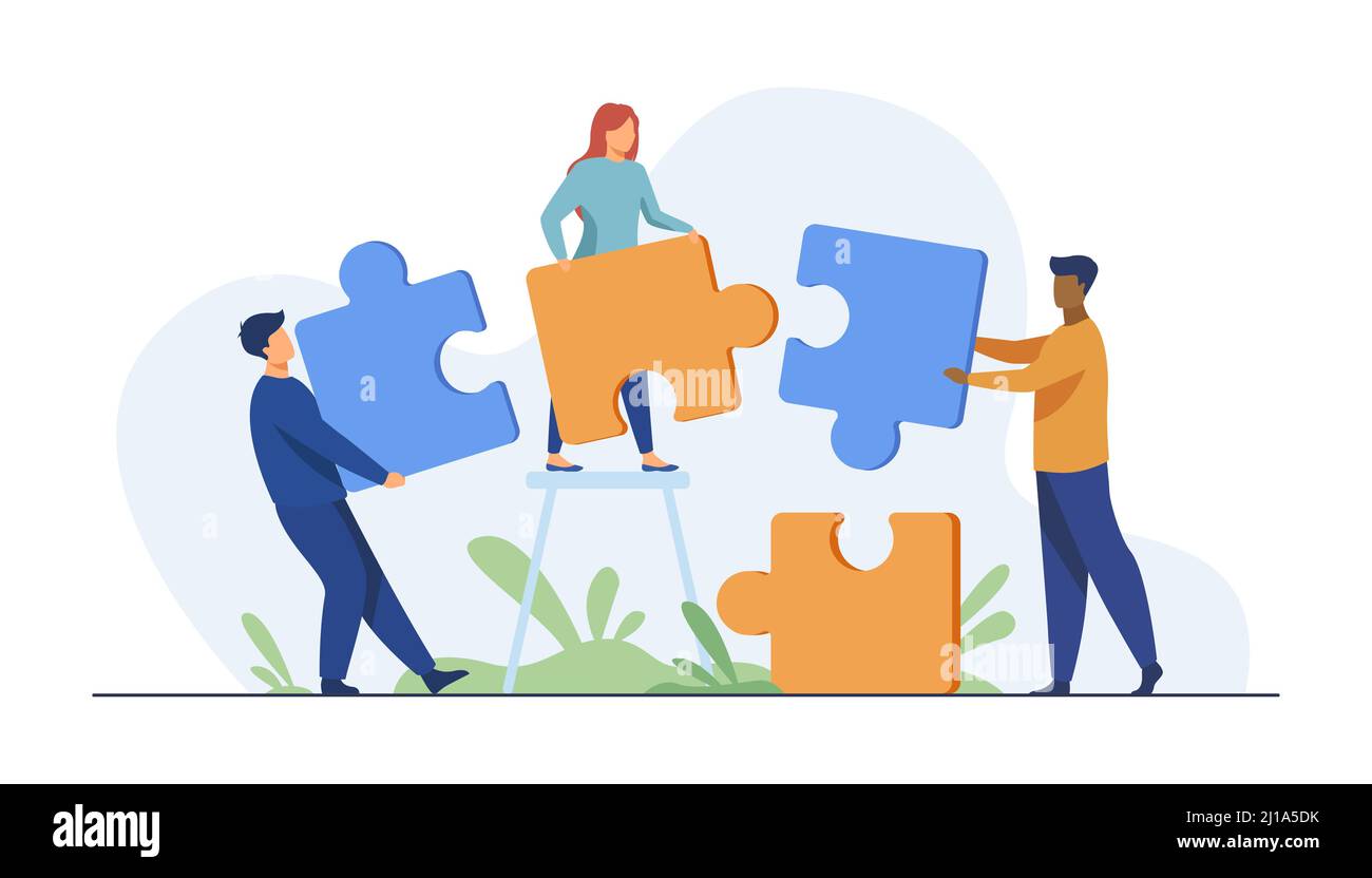 Partners holding big jigsaw puzzle pieces flat vector illustration ...