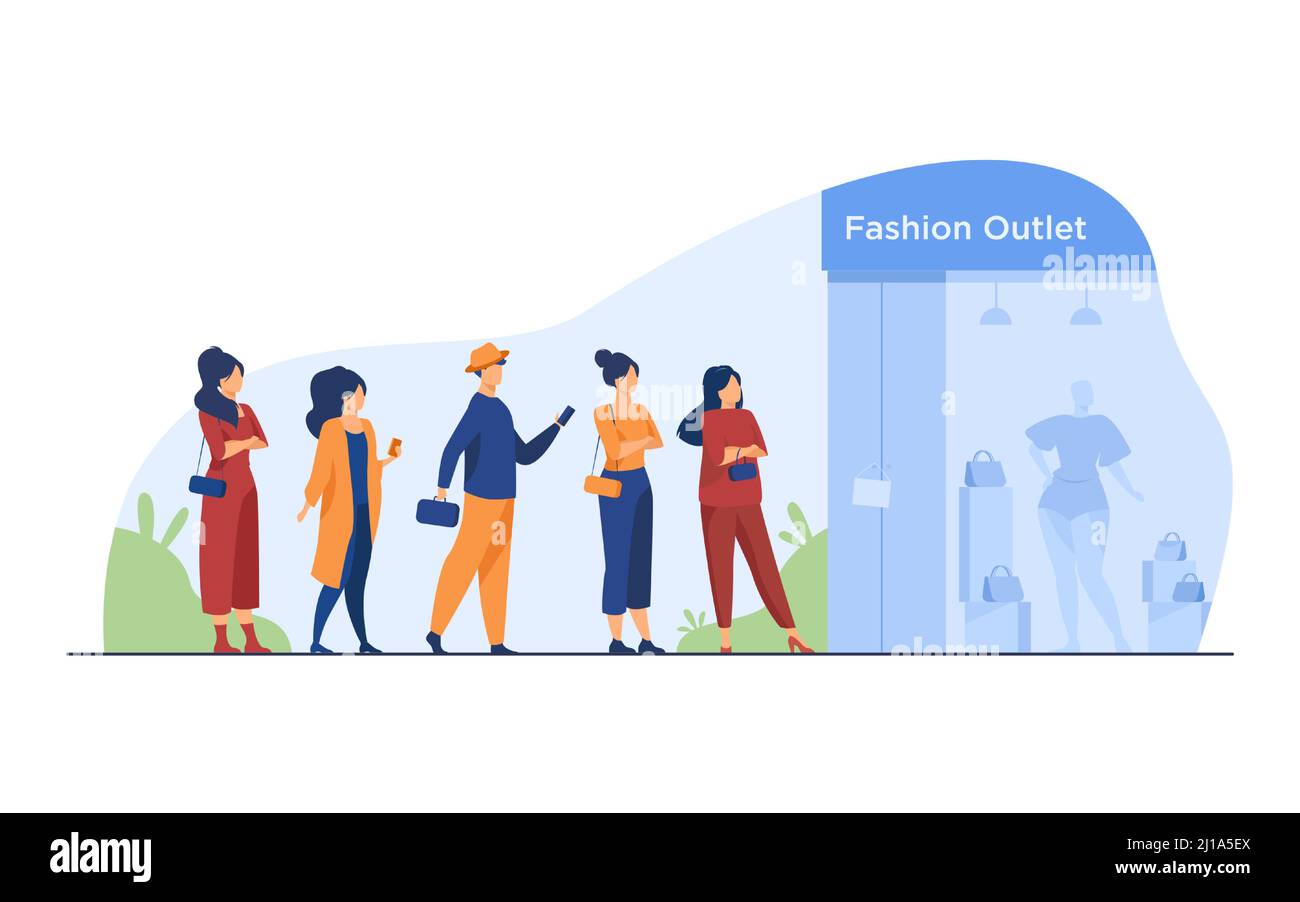 Queue of customers standing for sale at boutique window. People waiting ...