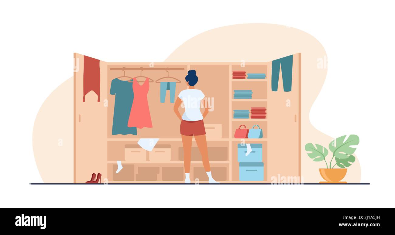 Woman choosing dress from wardrobe flat vector illustration. Young lady ...