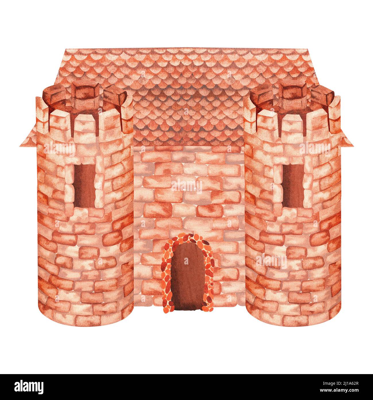 Brick castle. Watercolor illustration. Isolated on a white background ...
