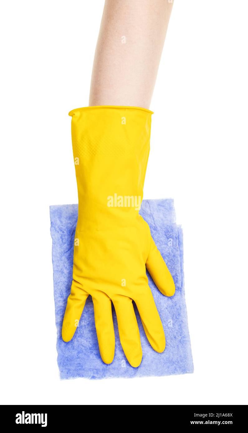 hand in yellow rubber glove with plain blue rag isolated on white ...
