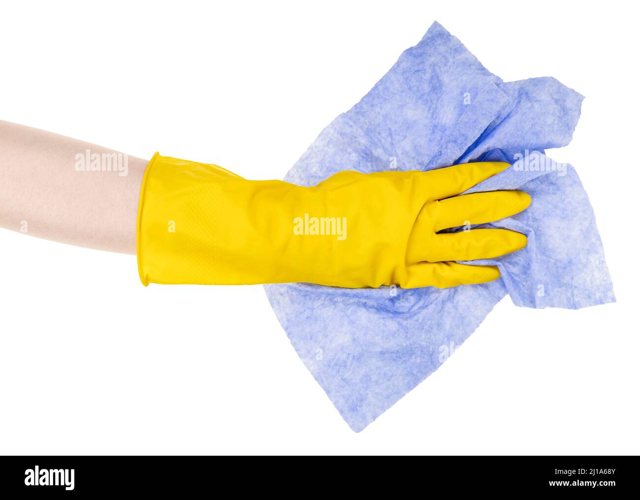 hand in yellow rubber glove with crumpled blue rag isolated on white ...
