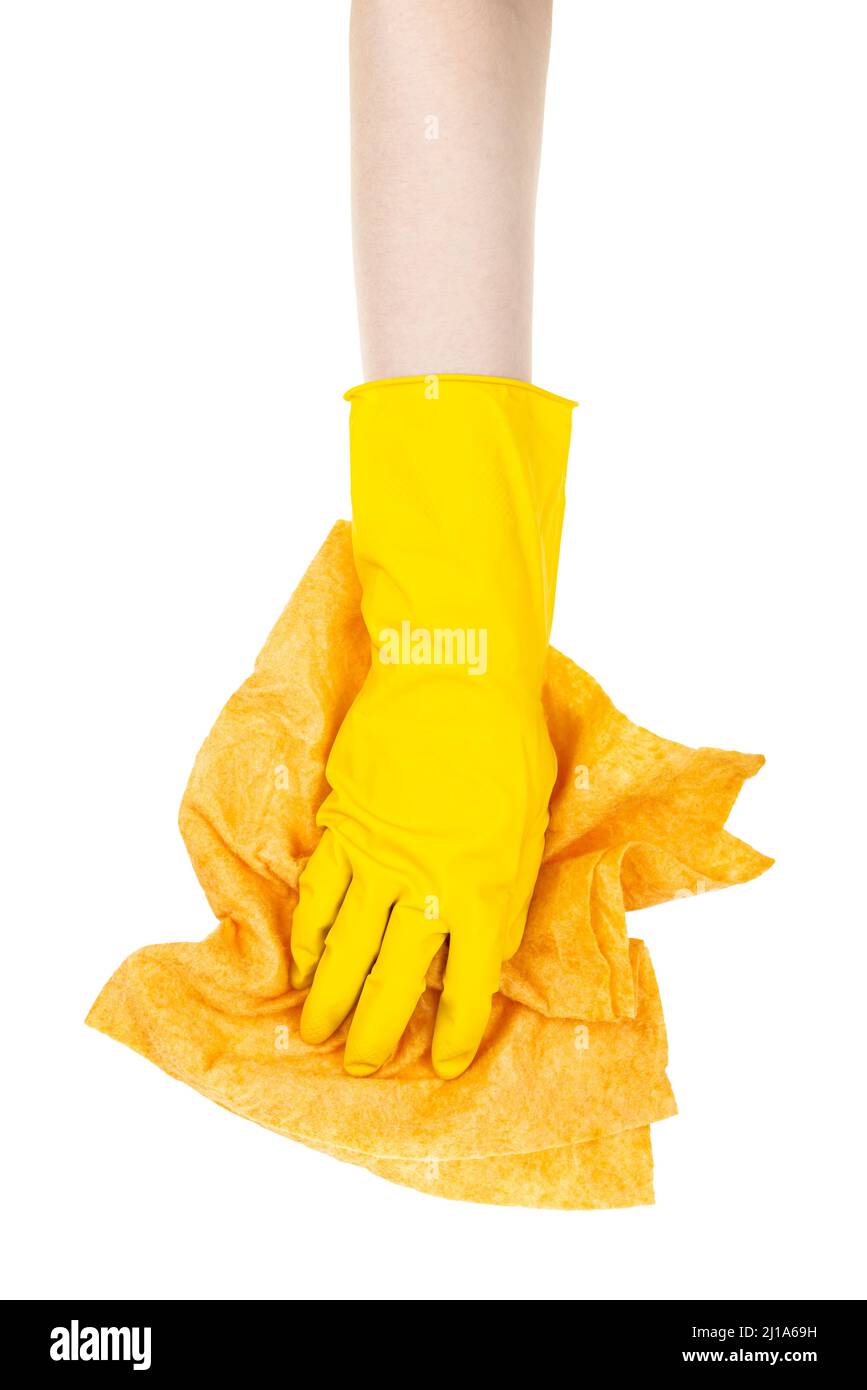 hand in yellow rubber glove wipes with crumpled yellow rag isolated on ...
