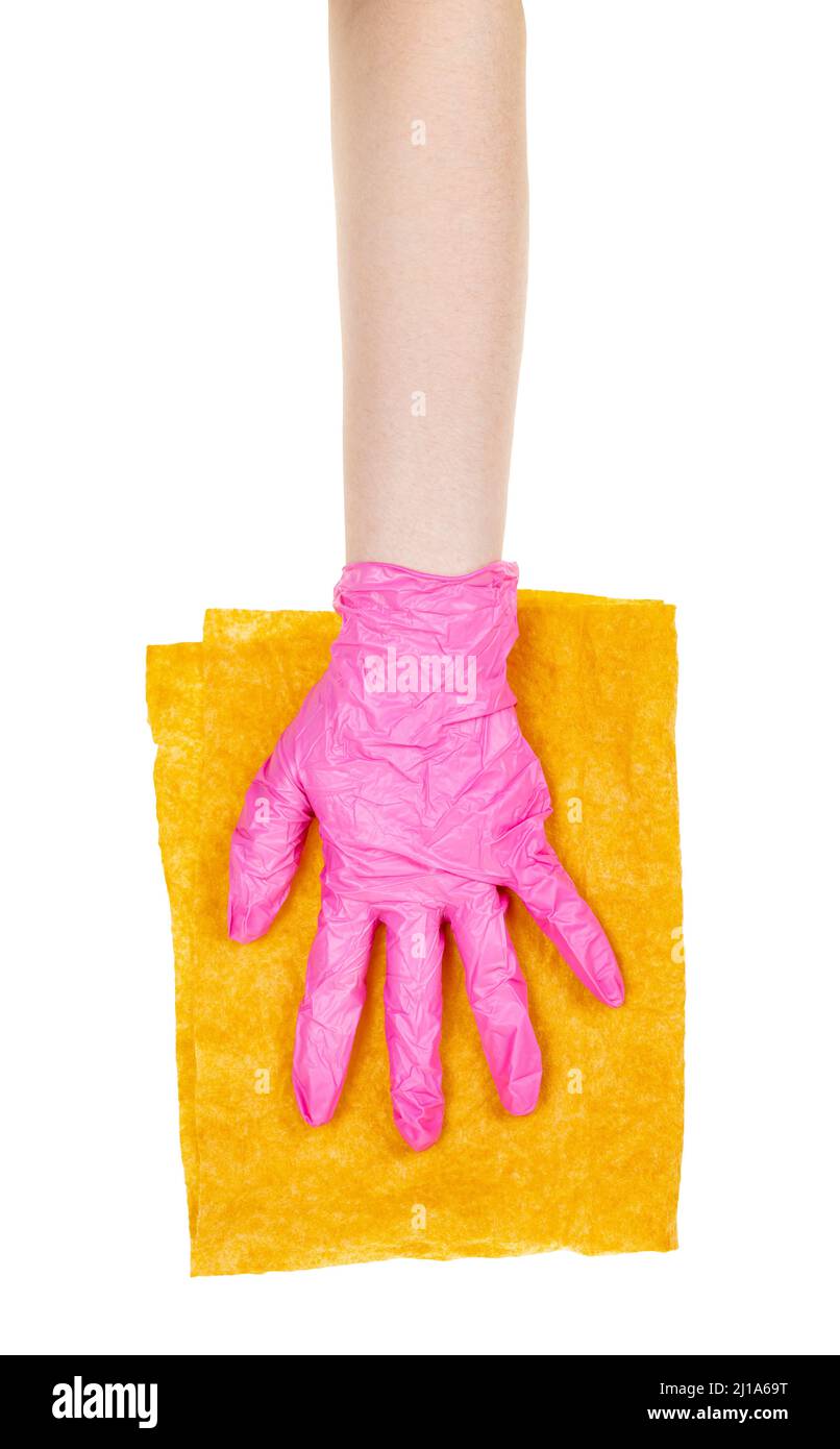 hand in pink vinyl glove wipes with flat wet yellow rag isolated on ...