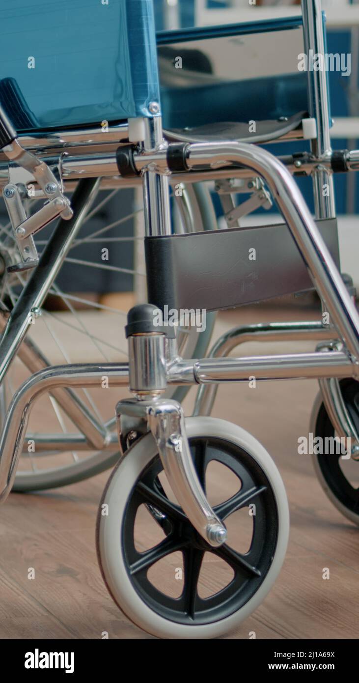 Close up of wheelchair for physical support in nursing home used by ...