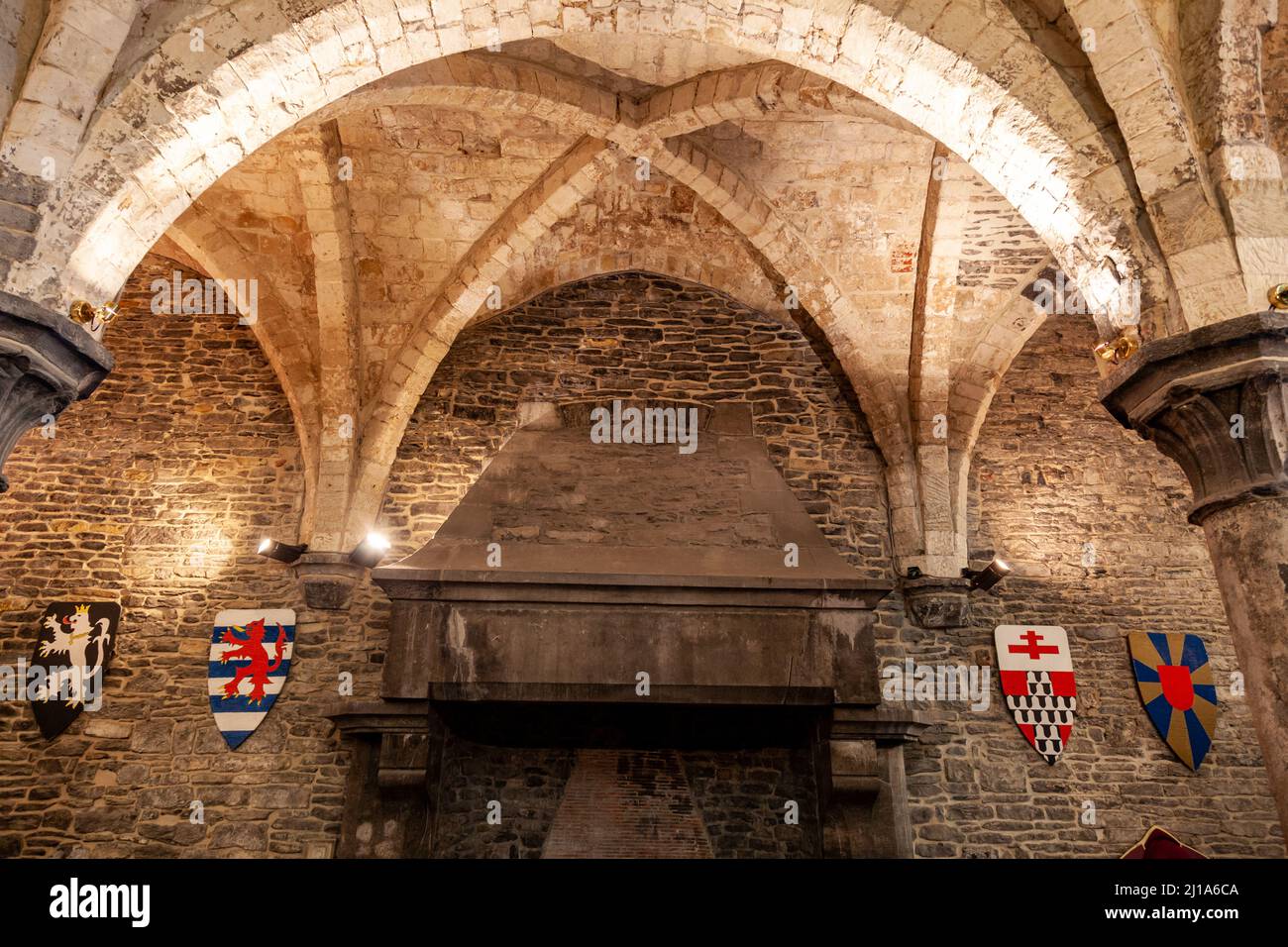 An inside view of the Gravensteen medieval castle in Ghent, Belgium ...