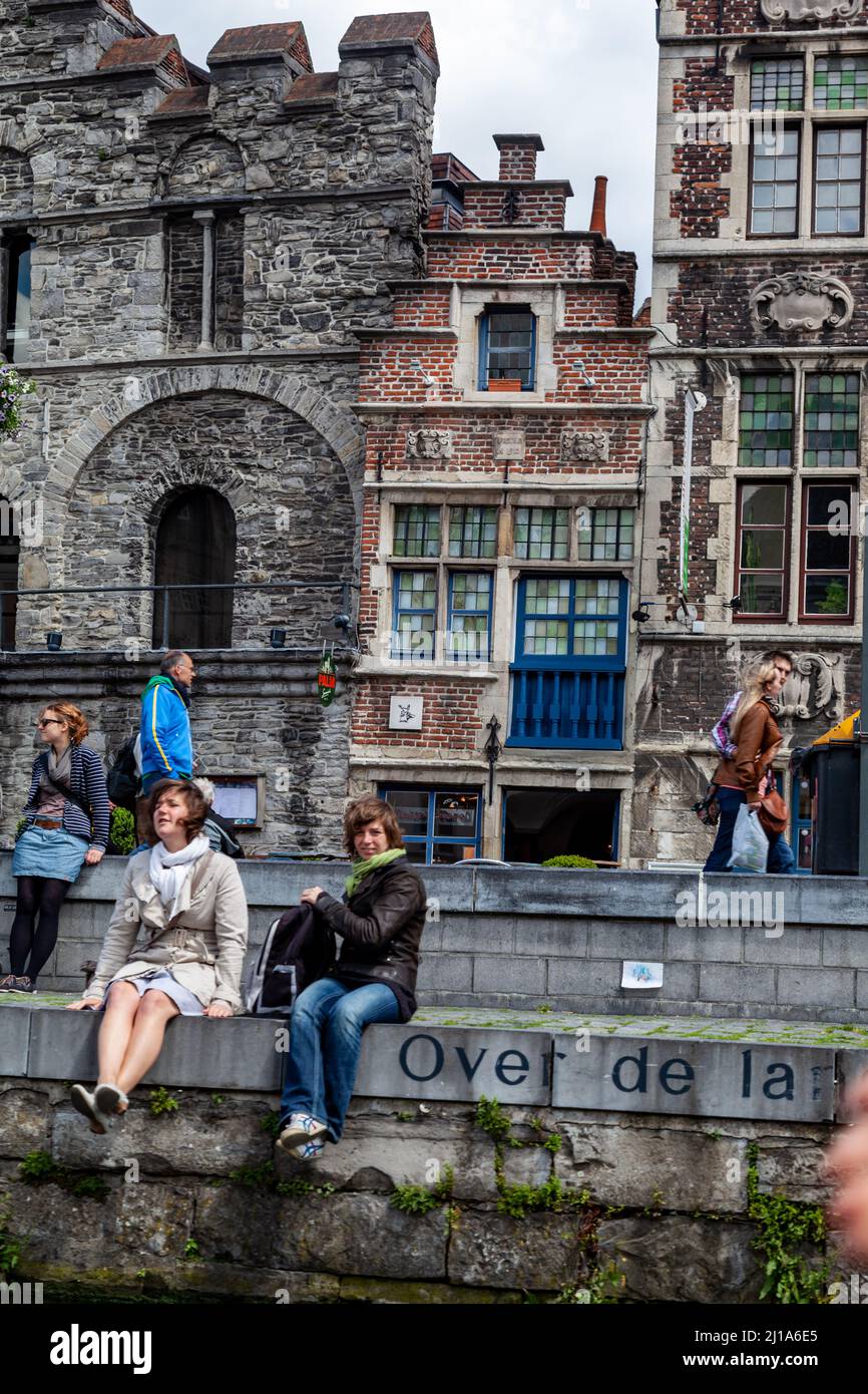 The historical flemish houses on the water canals of Ghent, Belgium ...