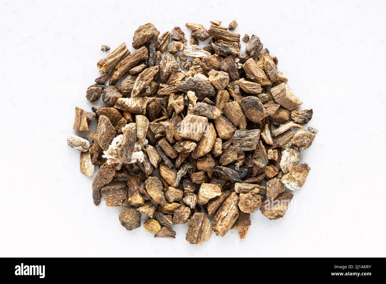 top view of pile of chopped dried burdock roots on gray plate Stock ...