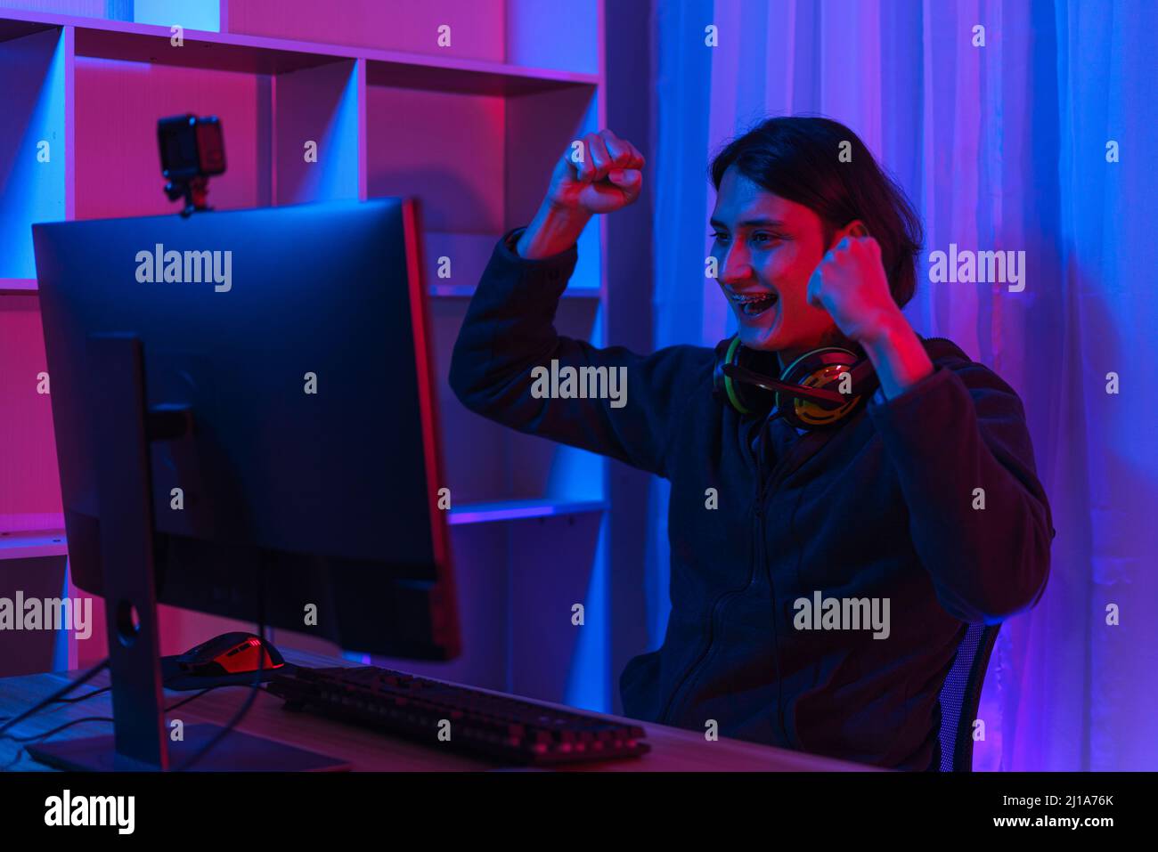 Gamer stream concept, Male streamer having happiness after live ...