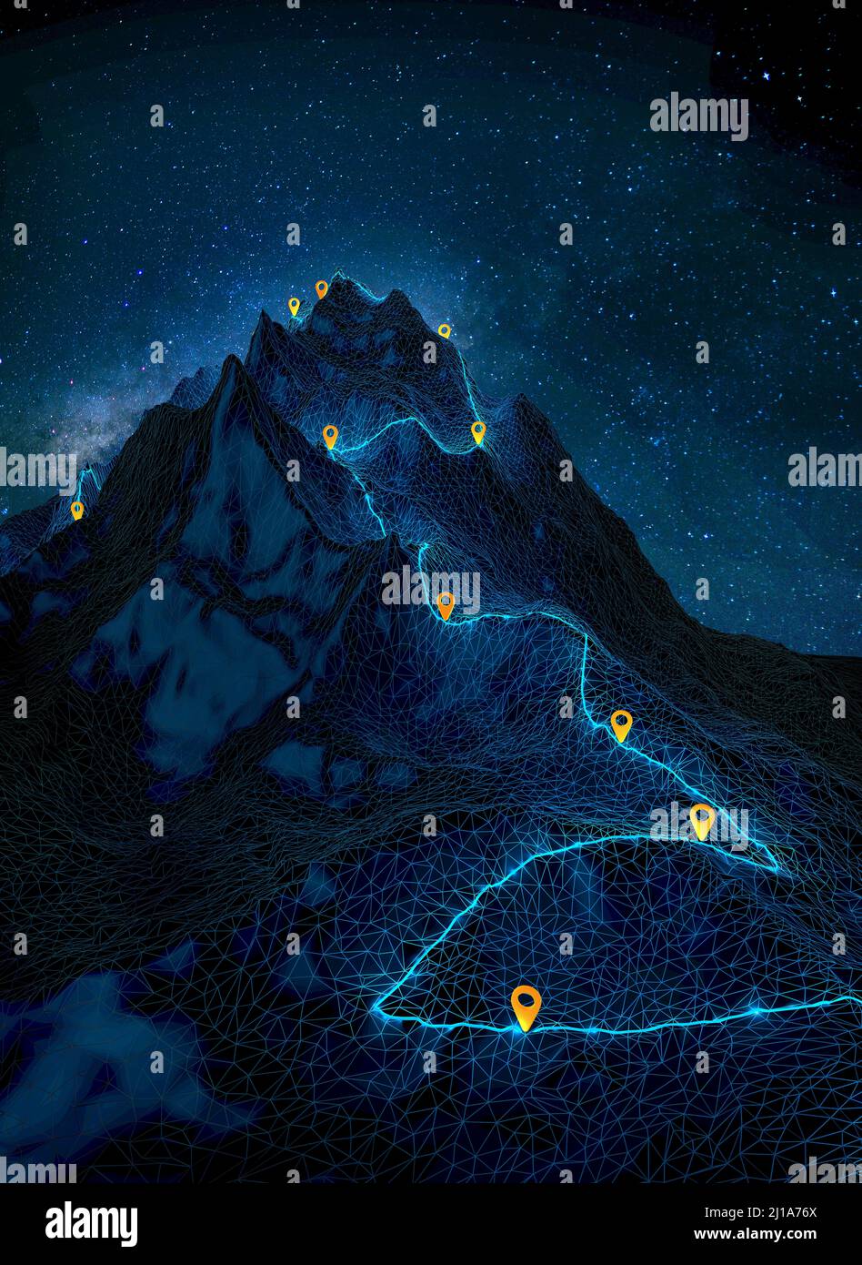 Overview of a winding hiking trail through the mountains with way ...