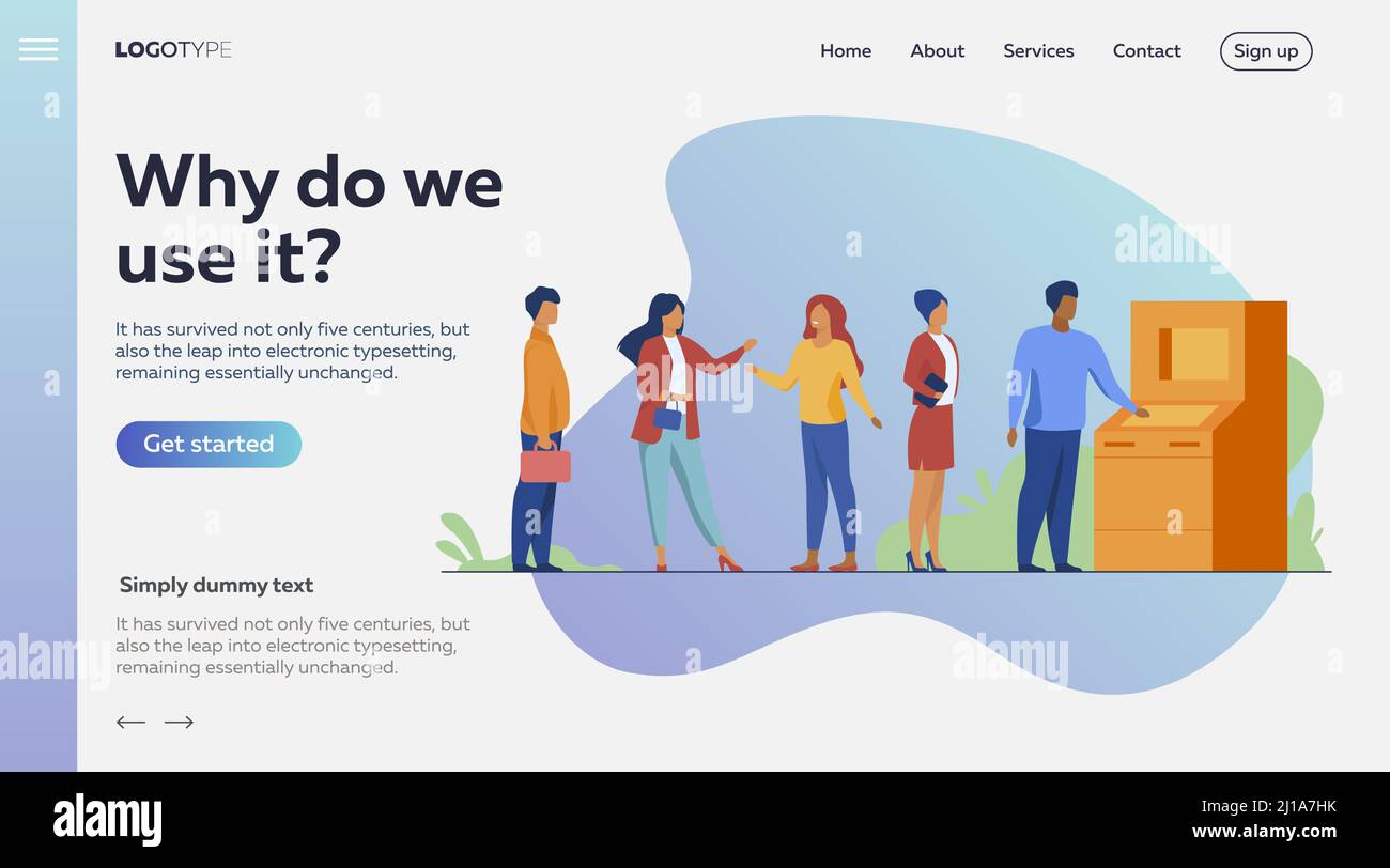 People waiting in queue for bank machine vector illustration. Customers ...