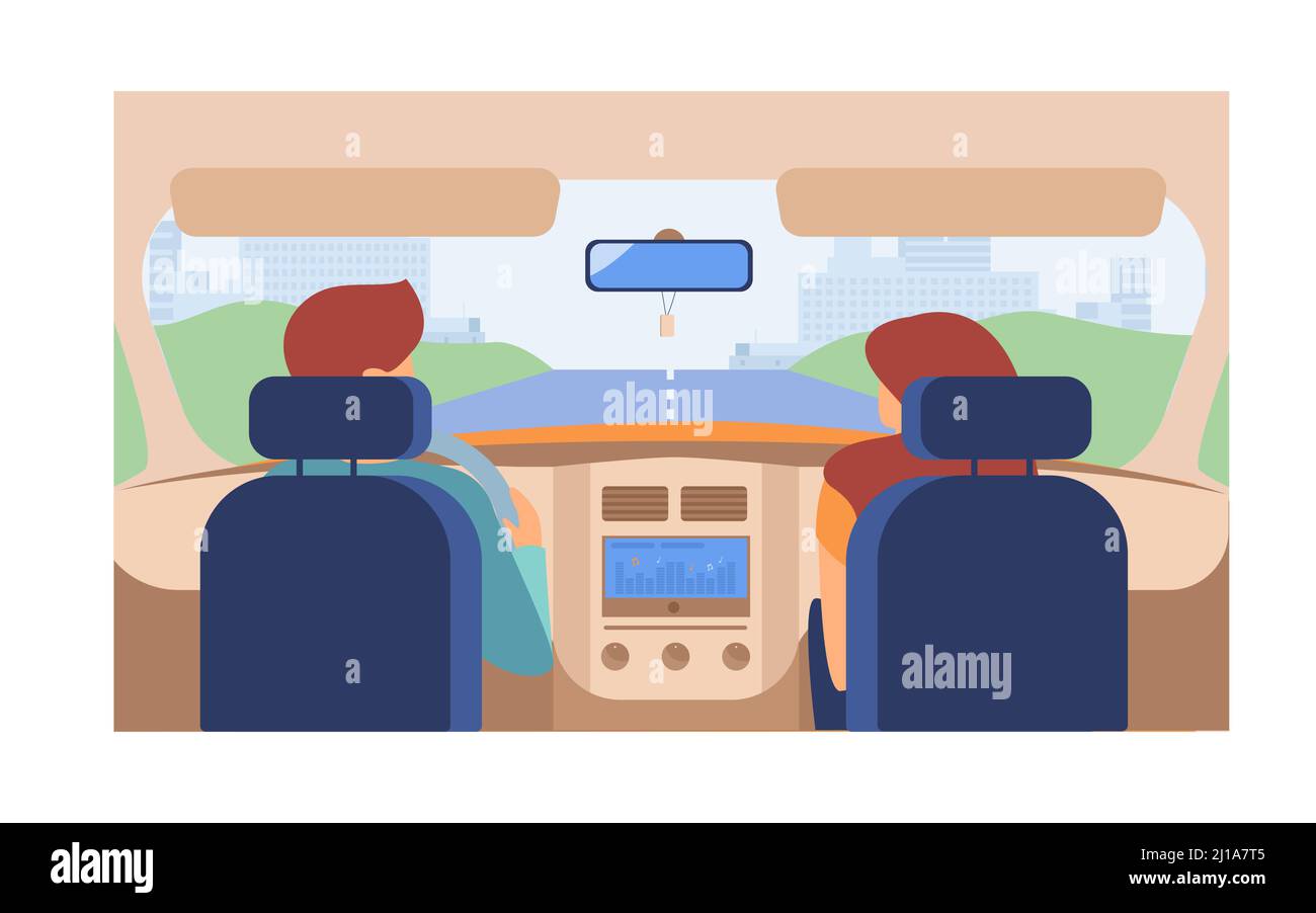 Couple riding vehicle. Back view of driver and passenger inside car ...