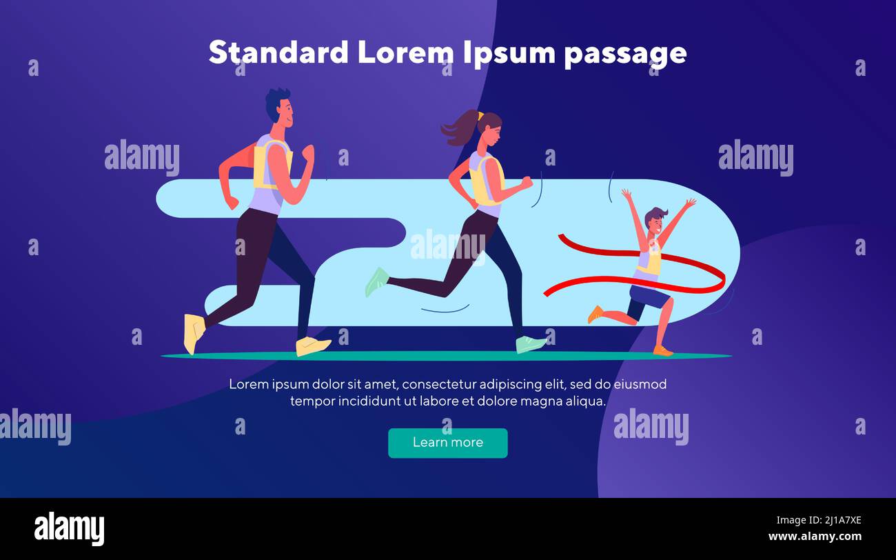 People running marathon. Runners, competitors, crossing finish line flat vector illustration ...