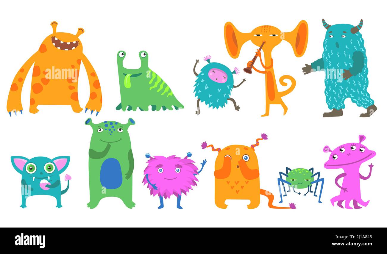 Cartoon monsters flat icon kit. Cute little funny creatures vector ...