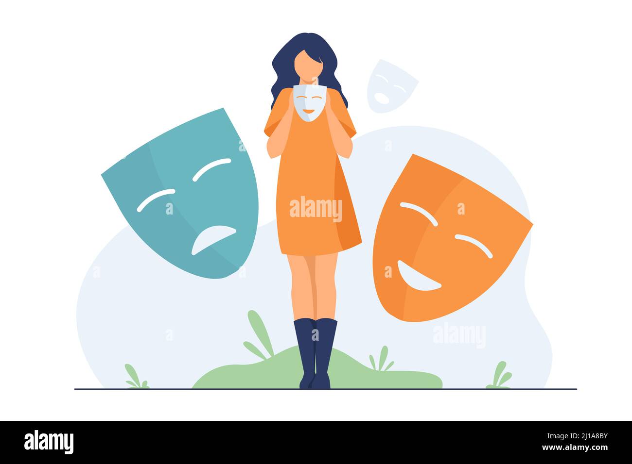 Person covering emotions, searching identity. Woman trying on carnival ...