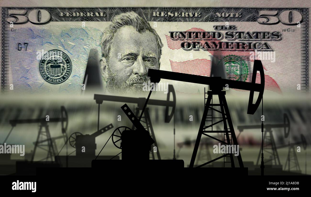 50 Dollar USA money counting machine with oil pump. Petroleum rig and ...