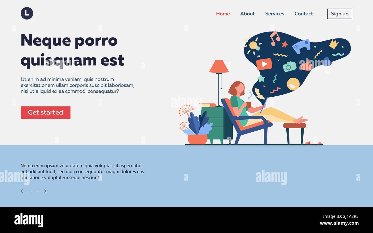 Social media addicted woman. Cartoon character relaxing at home, using ...