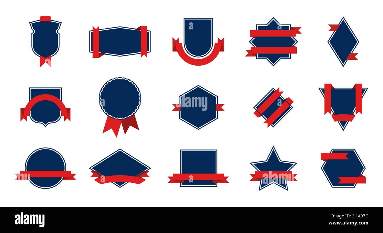 Blue award badge set. Red ribbons, quality certificate, winner medal ...