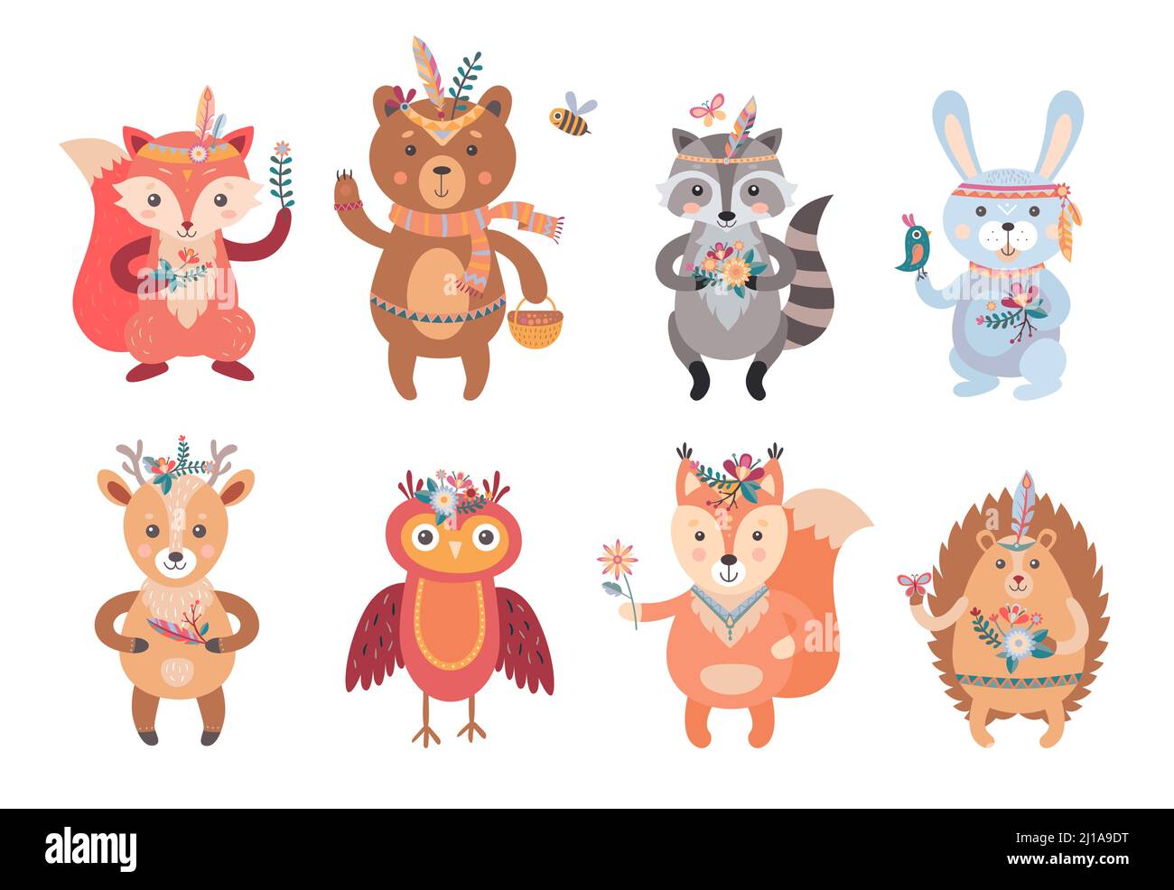 Cartoon boho animals set. Wildlife forest characters, deer, fox, owl ...