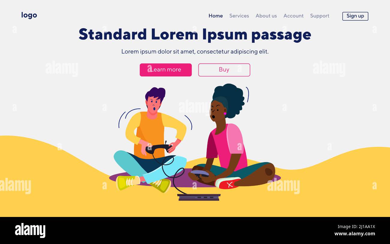 Teens playing video games. Excited boy and girl with gamepads flat ...