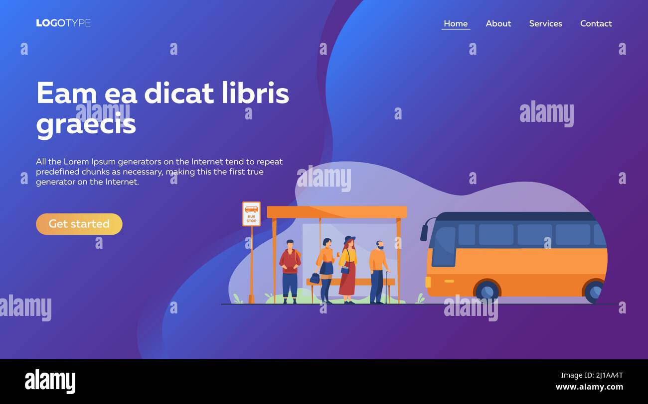 Passengers waiting for public transport at bus stop flat vector ...