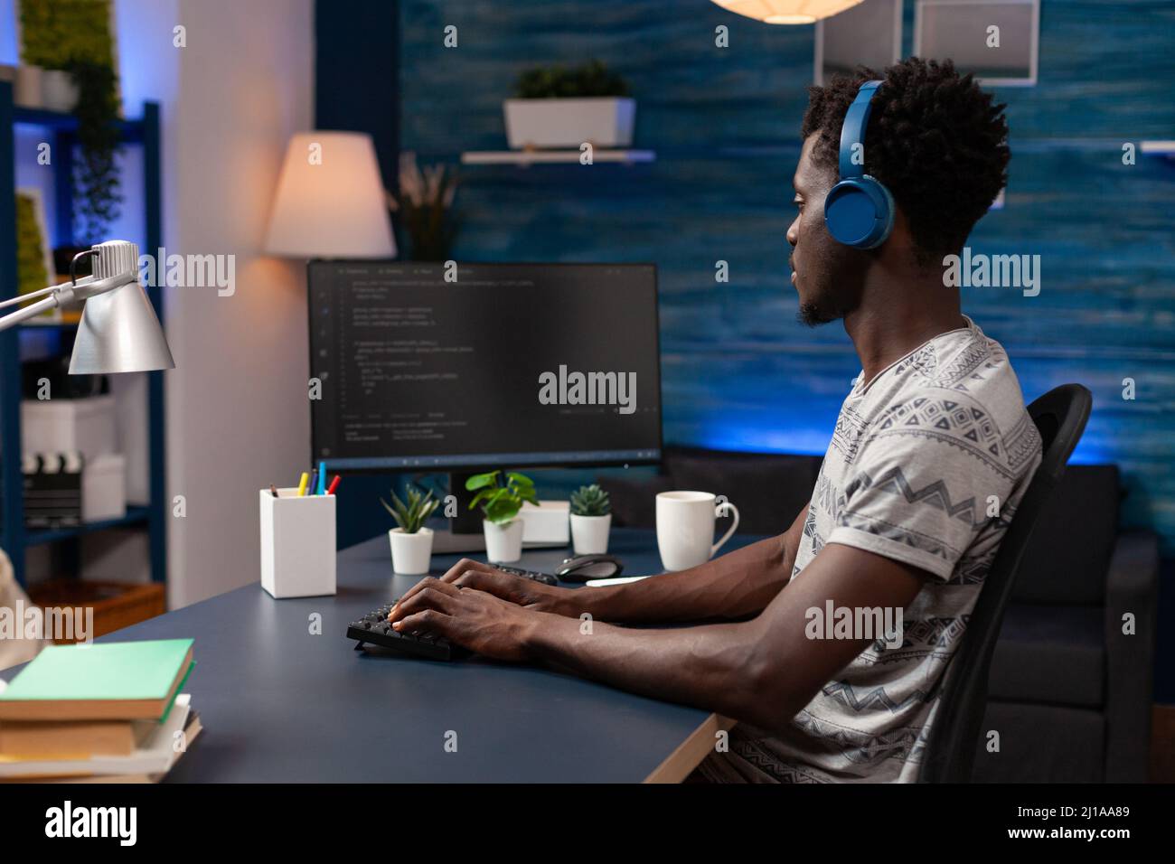 Programmer Businessman With Headset Typing Binary Code For Website Security Working Remote Frrom