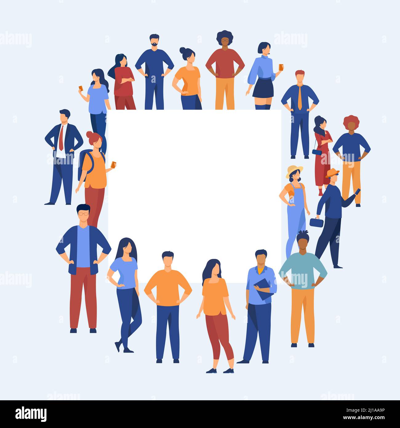 Crowd of diverse people standing together around empty banner. Blank ...