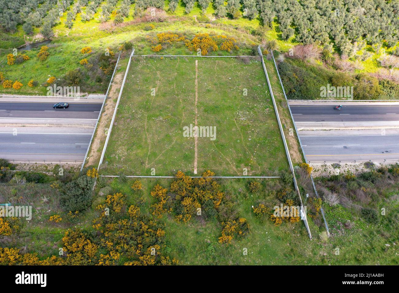 Wildlife crossing bridge allowing animals a safe passage over a rural ...