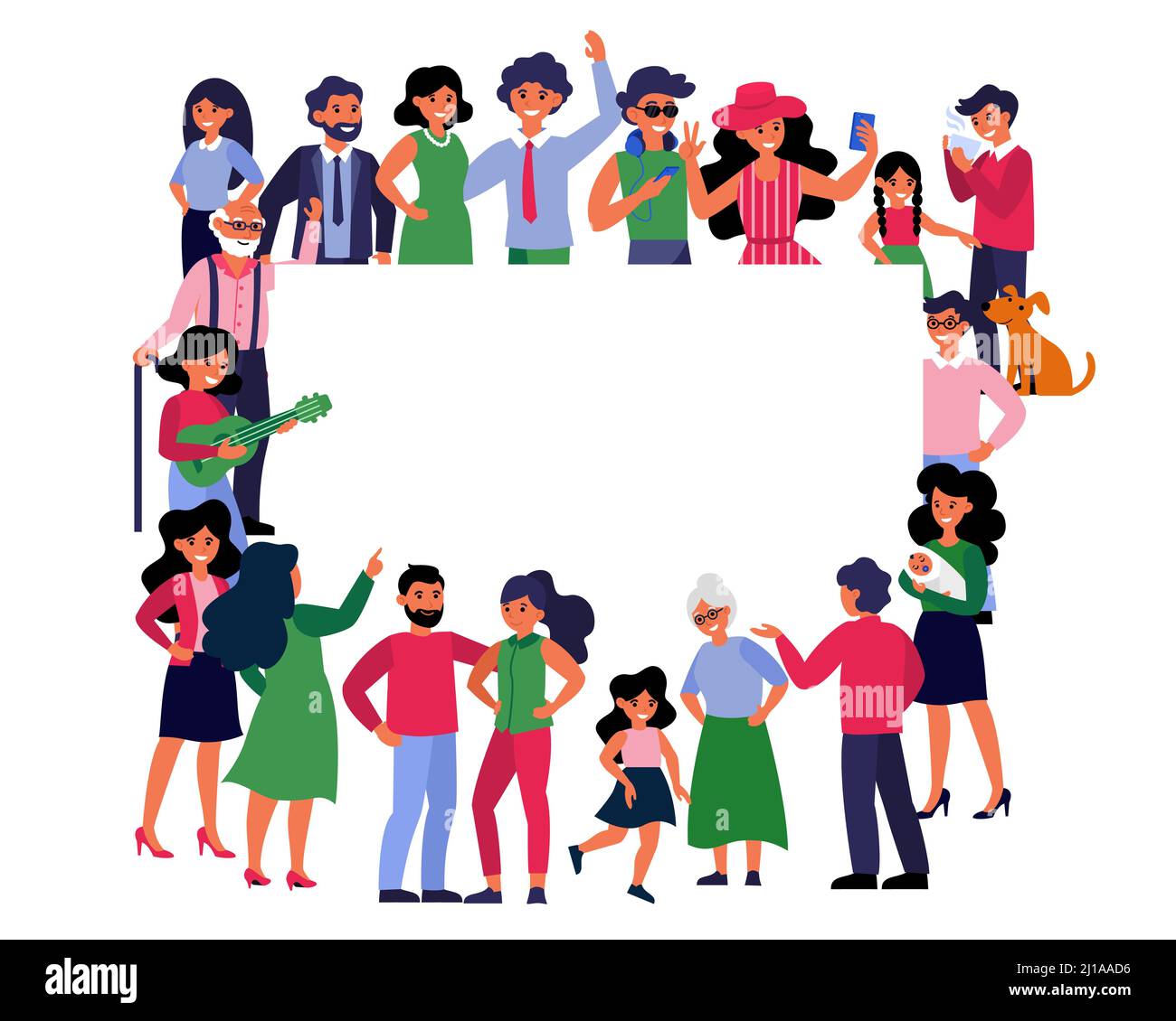 Crowd of different people standing together around blank banner ...