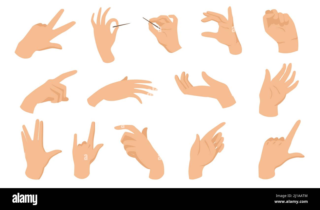 Female hand gestures flat vector illustration. Isolated folded wrists, fist, counting fingers ...